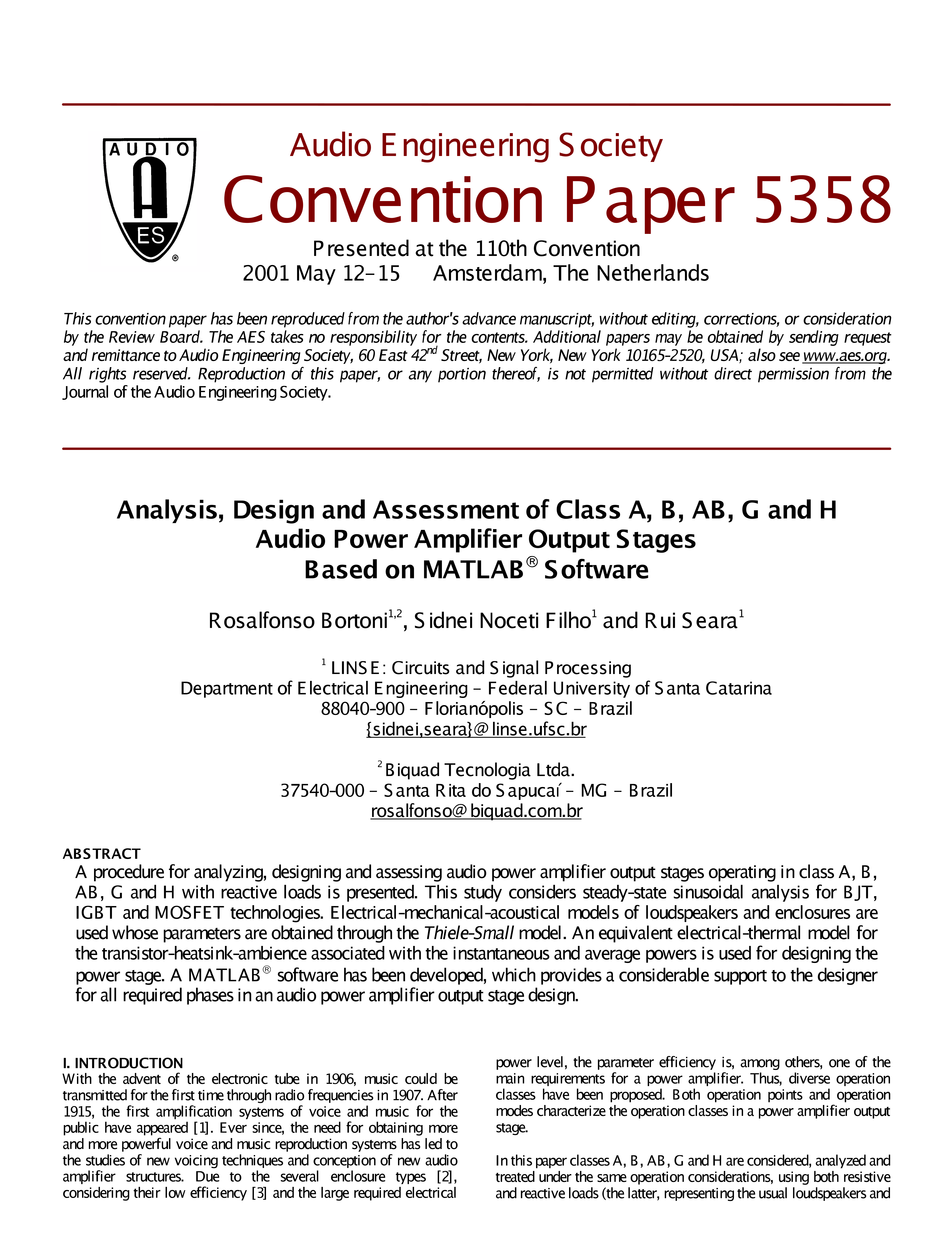 Aes E Library Analysis Design And Assessment Of Class A B Ab G And H Audio Power Amplifier