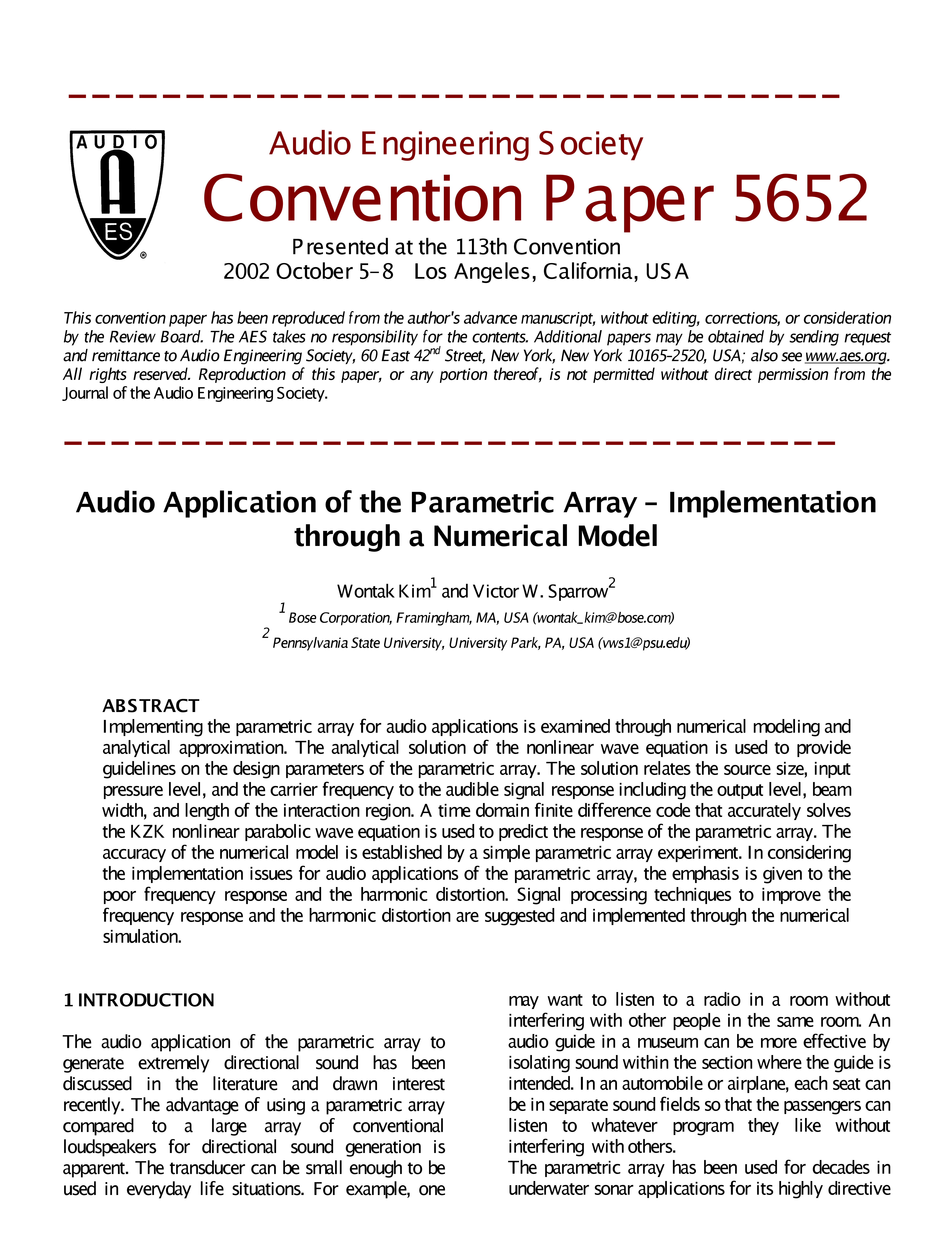 Aes E Library Audio Application Of The Parametric Array Demonstration Through A Numerical Model 