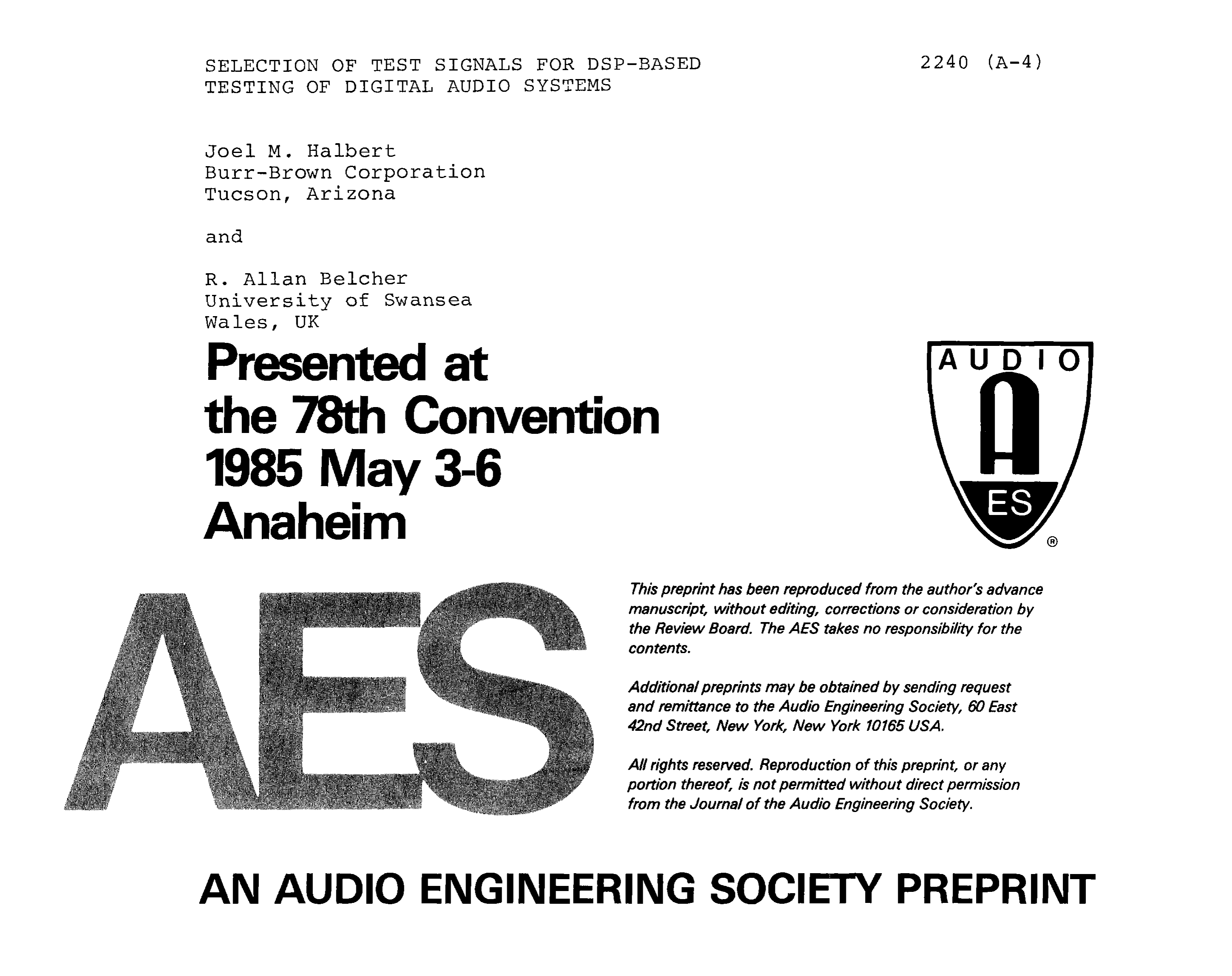 AES E Library Selection Of Test Signals For DSP Based Testing Of 
