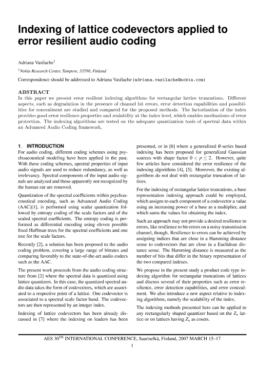 Aes E Library Indexing Of Lattice Codevectors Applied To Error Resilient Audio Coding