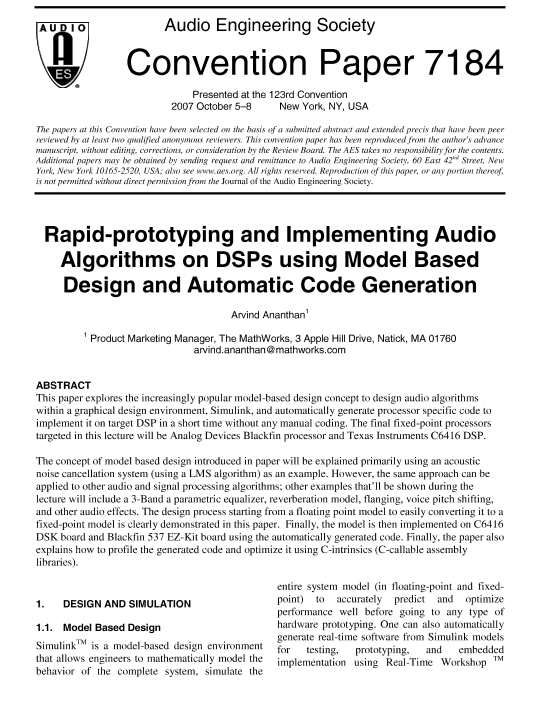 Aes E Library Rapidly Prototyping And Implementing Audio Algorithms On Dsps Using Model Based 