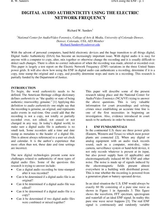Aes E Library Digital Audio Authenticity Using The Electric Network Frequency