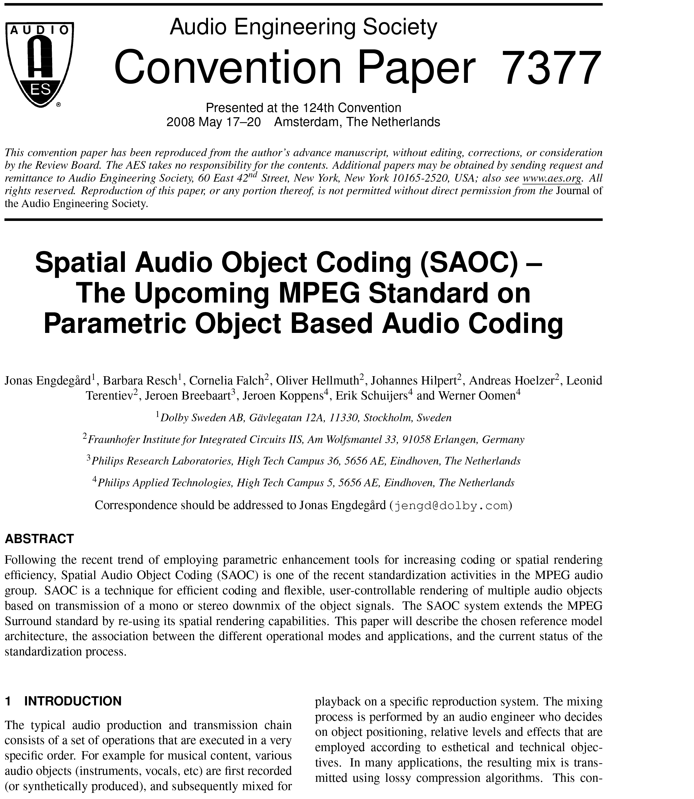 Aes E Library Spatial Audio Object Coding Saoc The Upcoming Mpeg Standard On Parametric