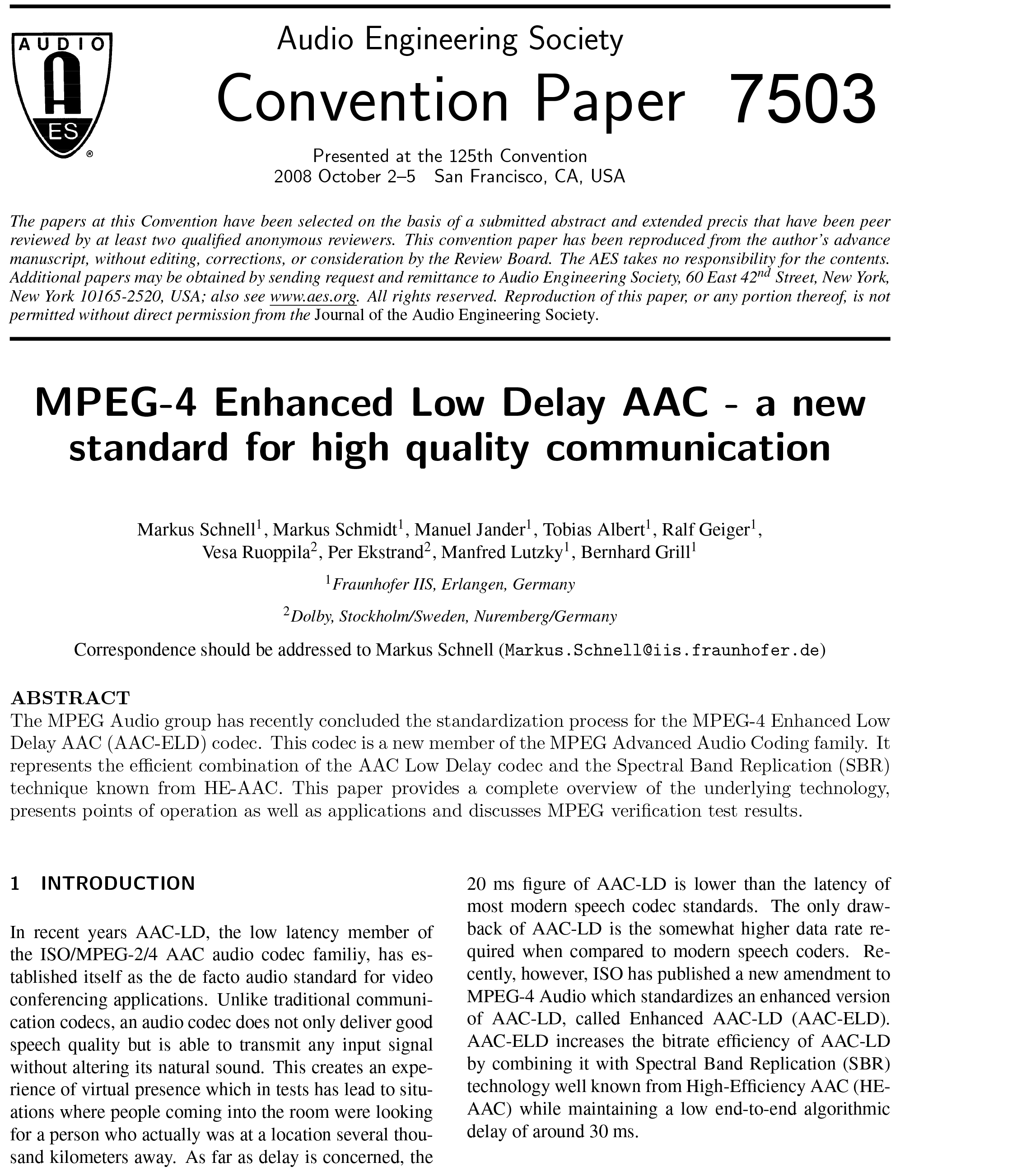 Aes E Library Mpeg 4 Enhanced Low Delay Aac A New Standard For High Quality Communication