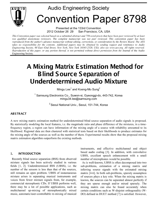Aes E Library A Mixing Matrix Estimation Method For Blind Source Separation Of Underdetermined