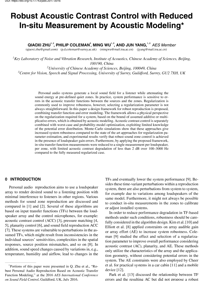 Aes E Library Robust Acoustic Contrast Control With Reduced In Situ Measurement By Acoustic 