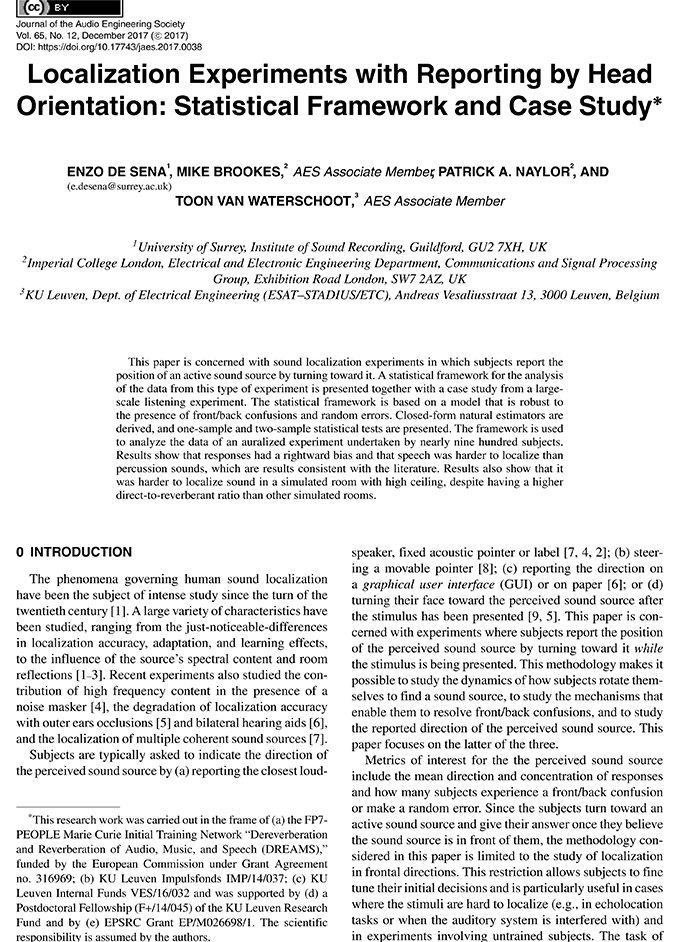 Aes E Library Localization Experiments With Reporting By Head Orientation Statistical