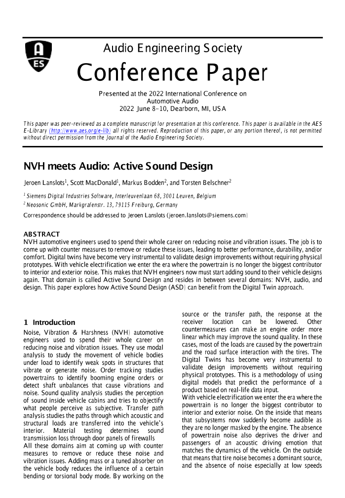 AES E-Library » NVH meets Audio: Active Sound Design AES E-Library » NVH meets Audio: Active Sound Design