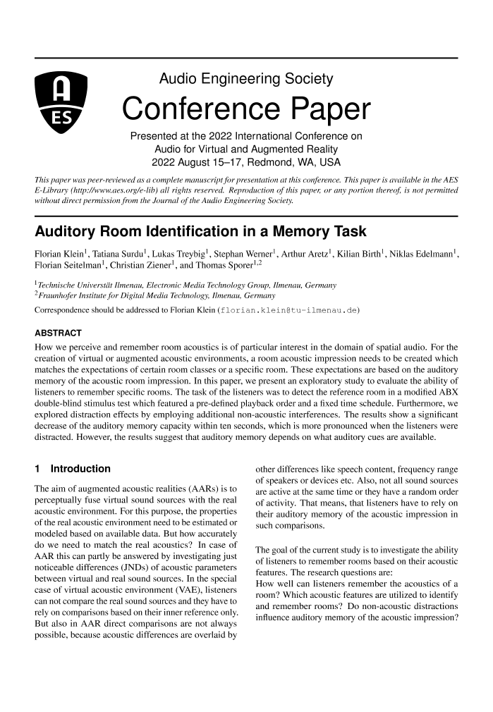 AES E Library Auditory Room Identification In A Memory Task