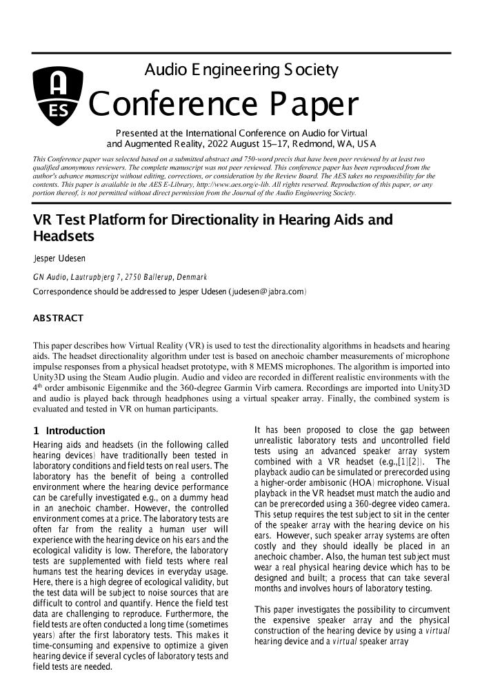 Aes E Library Vr Test Platform For Directionality In Hearing Aids And Headsets