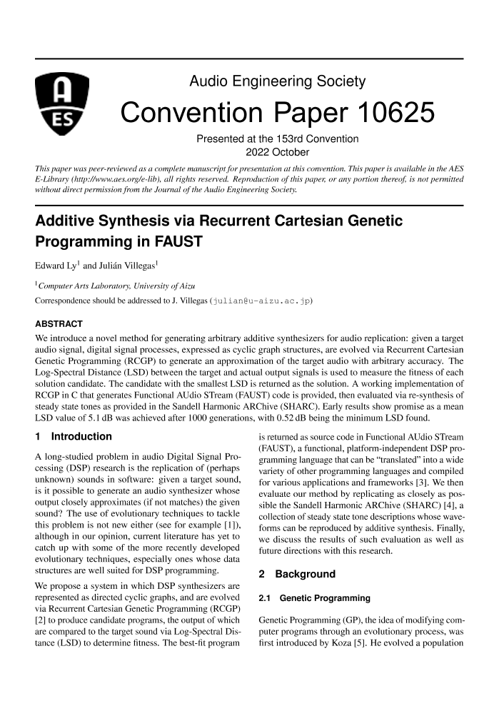 Aes E Library Additive Synthesis Via Recurrent Cartesian Genetic Programming In Faust