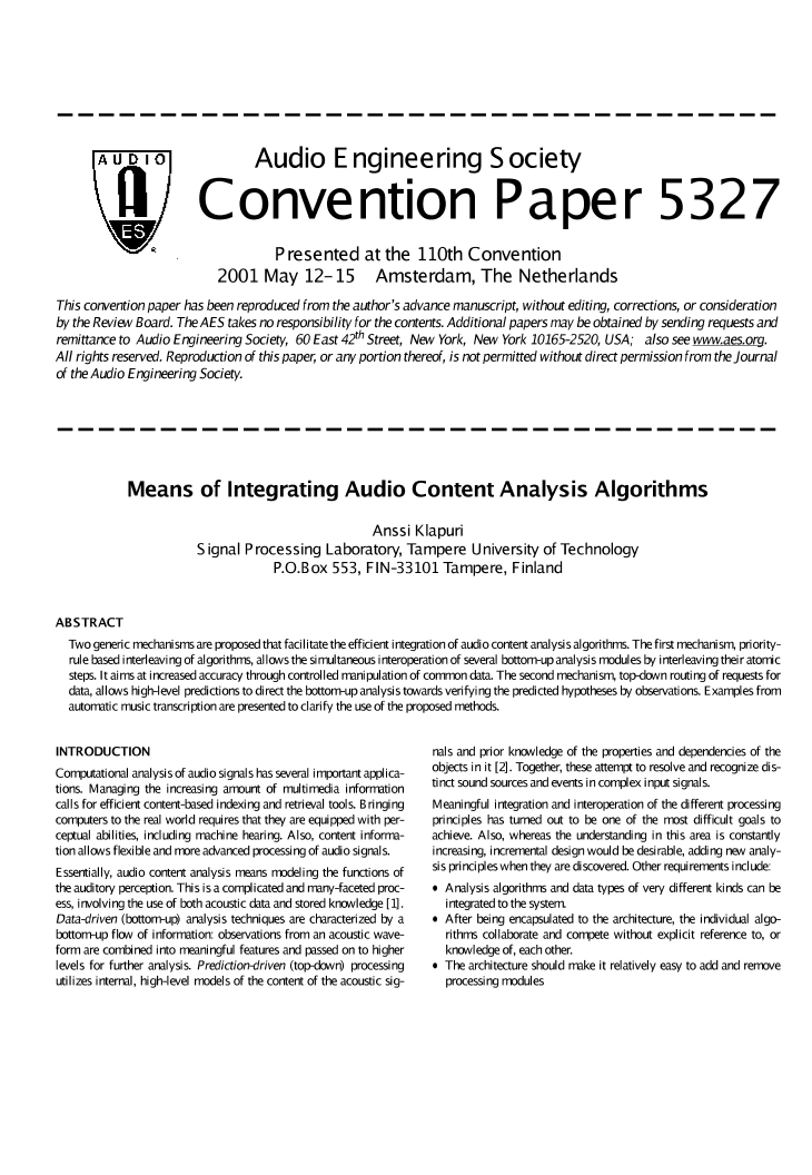 Aes E Library Means Of Integrating Audio Content Analysis Algorithms